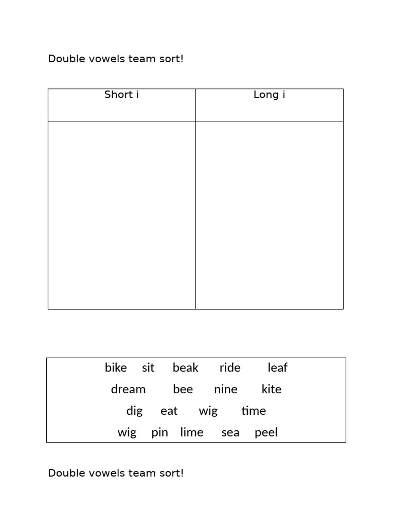 Double Vowels Team Sort - I - Test | PDF