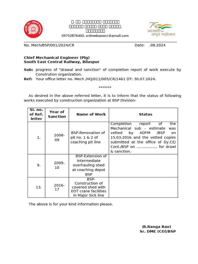 Completion Report Status for Railway Works | PDF