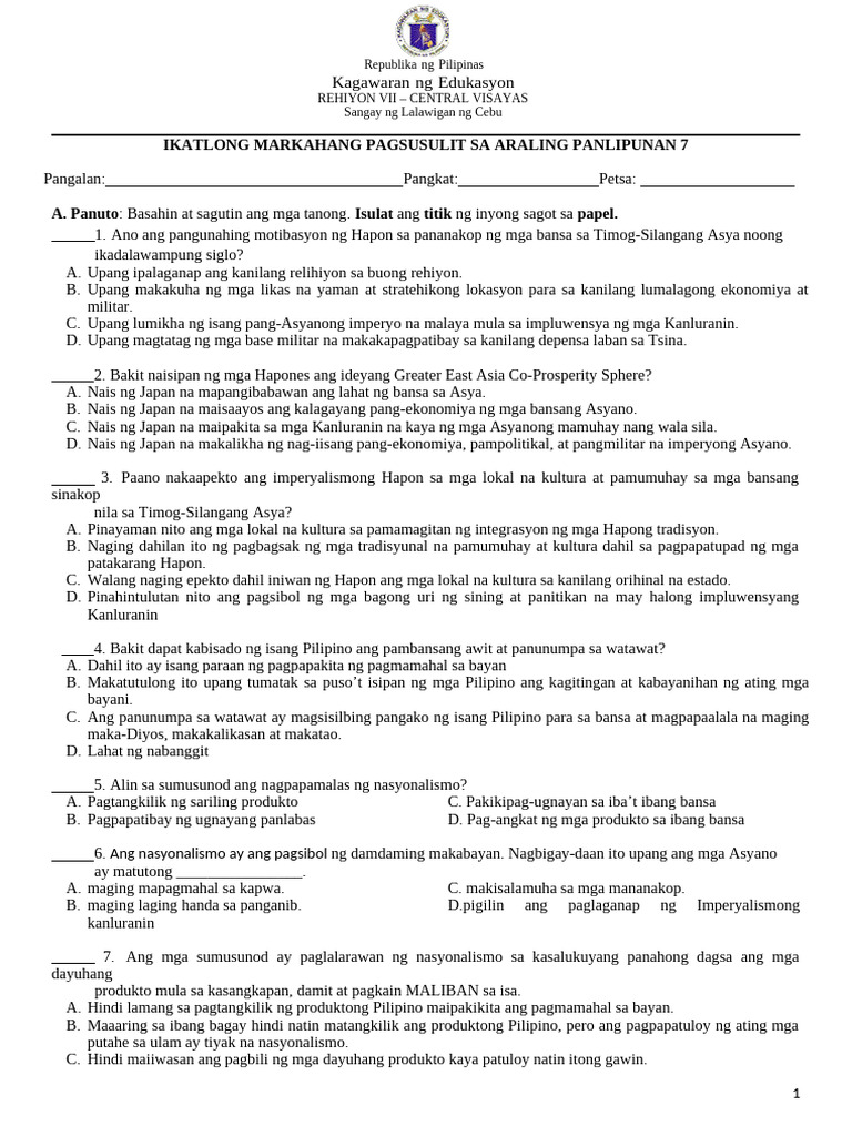 AP7 3rd Quarter Exam With Answer Key | PDF