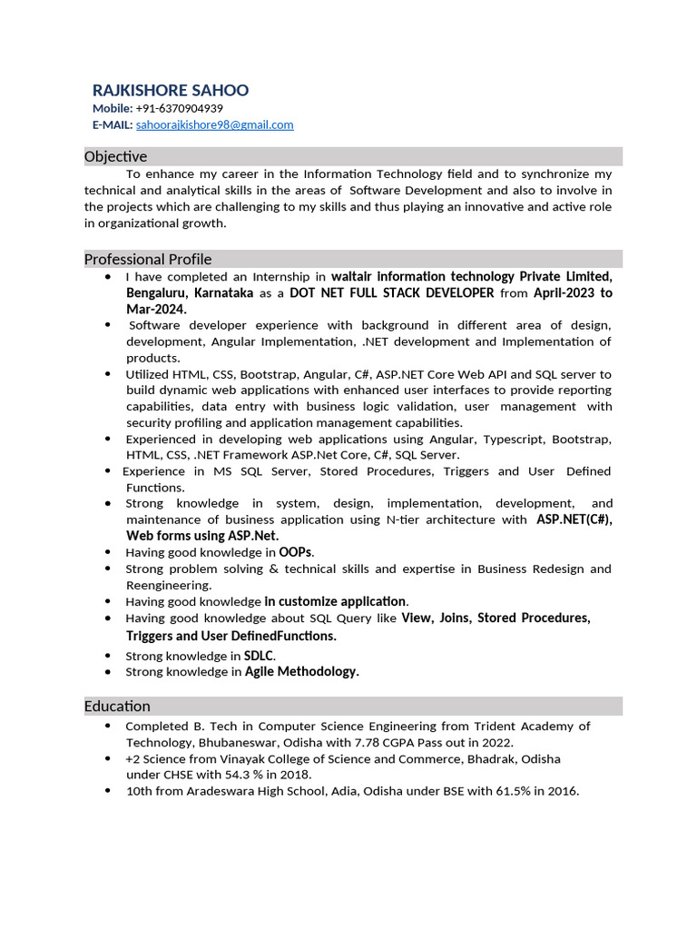 Raj Kishore Sahoo Resume | PDF | Microsoft Sql Server | World Wide Web
