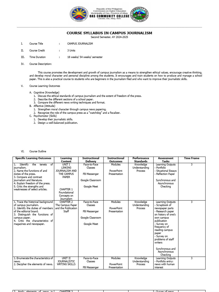 Campus Journalism Course Syllabus Pdf Learning Journalism