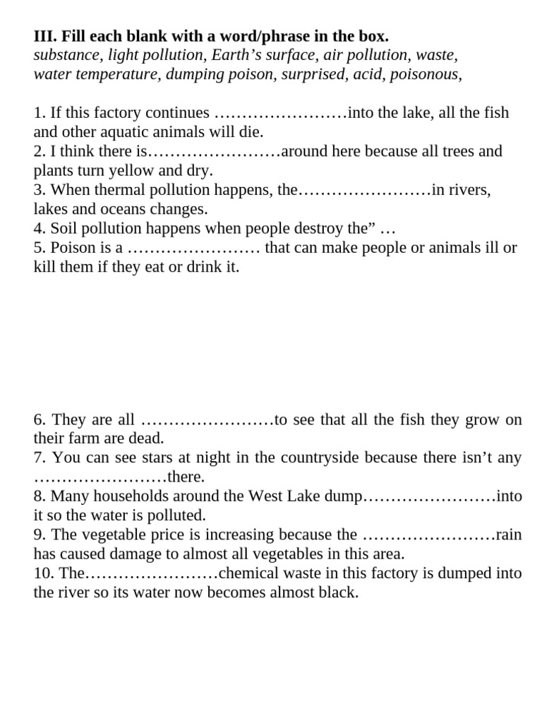 Environmental Pollution Fill-in-the-Blanks | PDF
