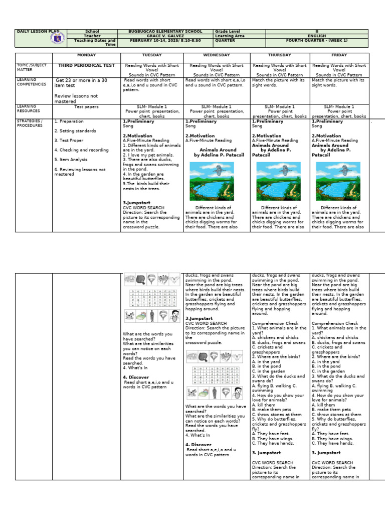 DLL in ENGLISH WEEK 1 Q4 Week9 | PDF | Birds | Duck