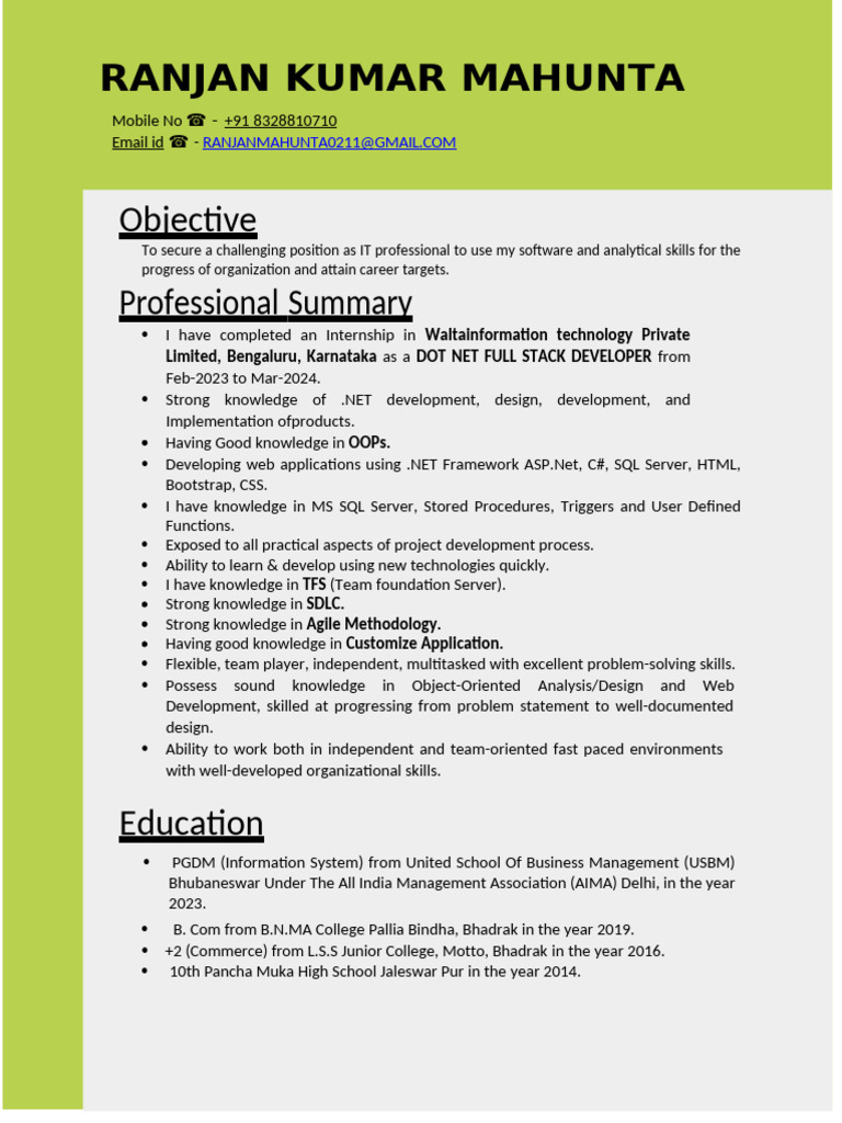 Ranjan Kumar Mahunta - .NET Developer Resume | PDF | World Wide Web ...