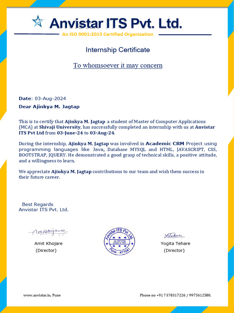 Ajinkya Jagtap - Internship Certificate-1 | PDF Ajinkya Jagtap - Internship Certificate-1 | PDF