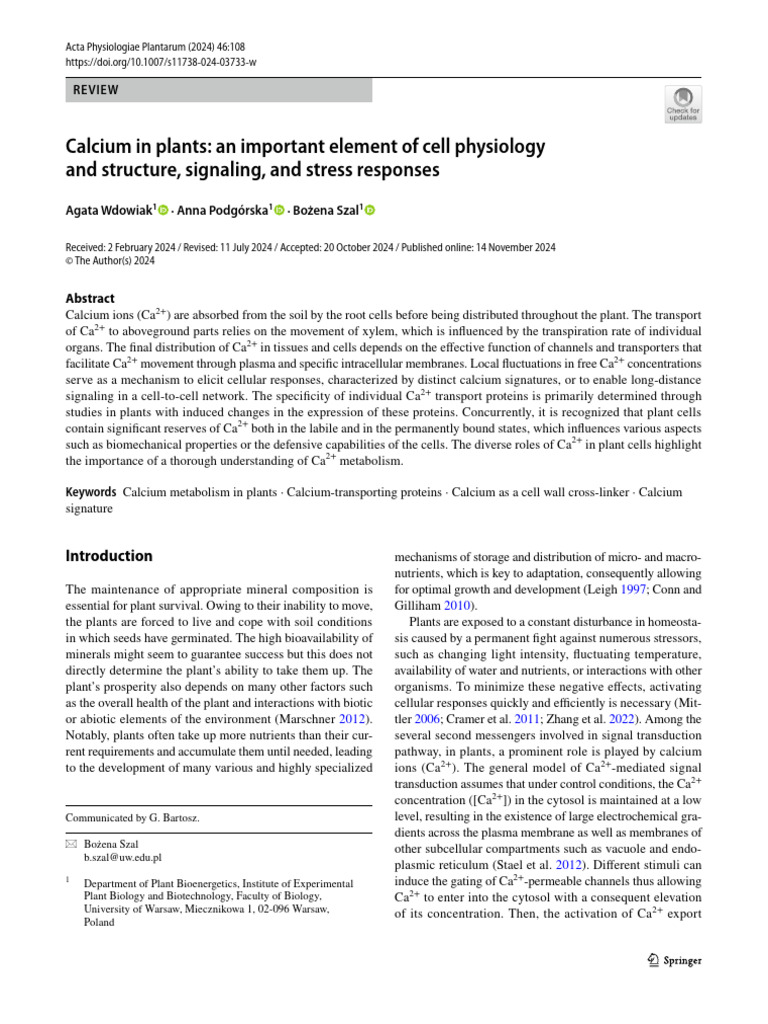 Calcium in Plants: An Important Element of Cell Physiology and ...