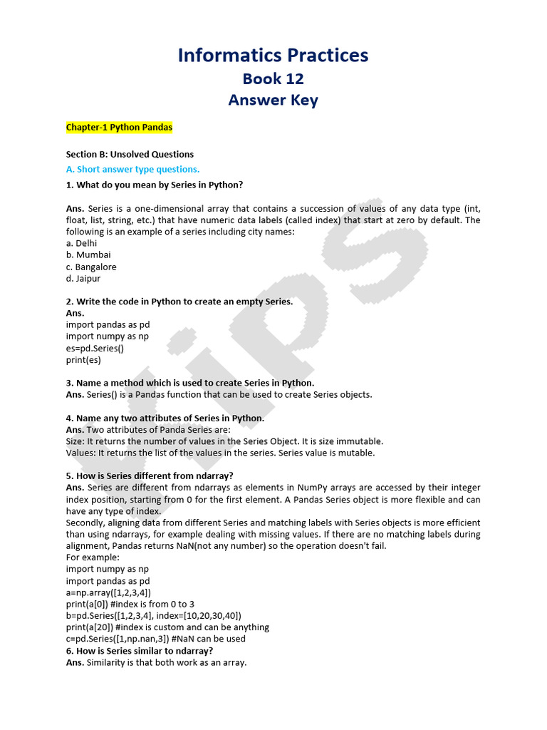 Informatics Practices Book 12 Answer Key | PDF | Relational Model | Relational Database