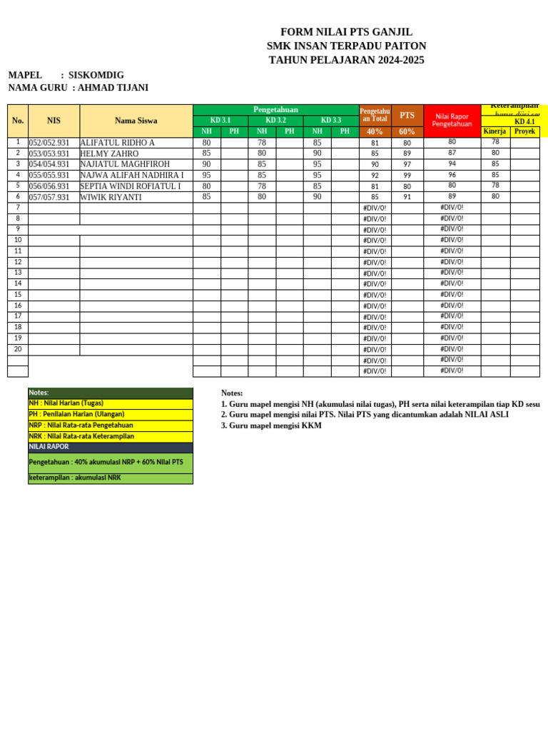 Form Nilai PTS Ganjil SMK 2024-2025 | PDF