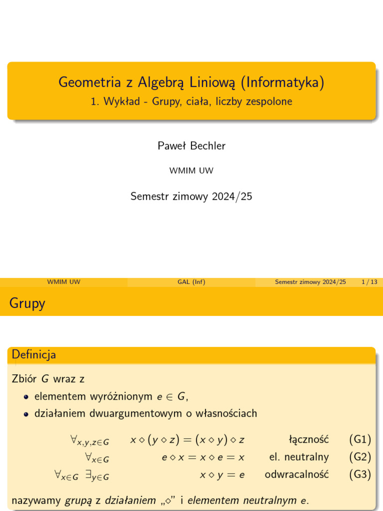 Gal Wyklad 01-Grupy Ciala Liczby Zespolone | PDF