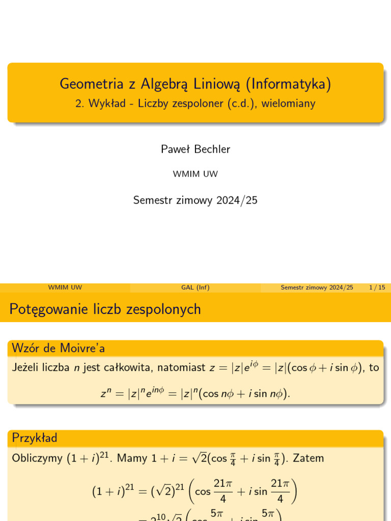 Gal Wyklad 02-Liczby Zespolone Wielomiany | PDF