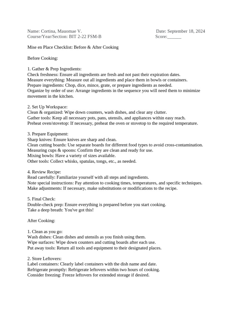 Mise en Place Checklist for Cooking | PDF | Cookware And Bakeware ...