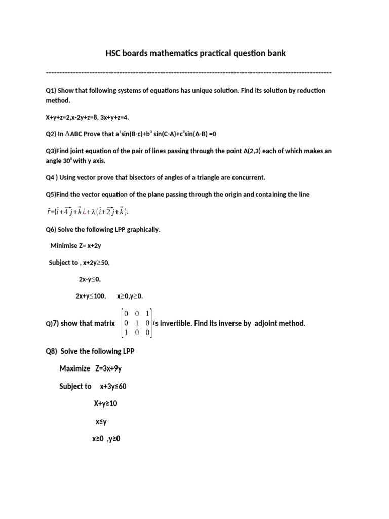 HSC Mathematics Practical Question Bank | PDF | Mathematical Concepts | Algebra