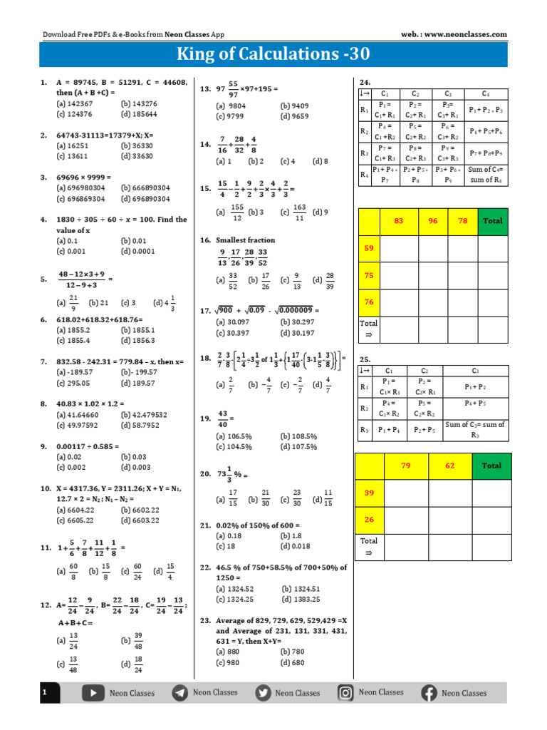 King Of Calculations Sheet 30 | PDF
