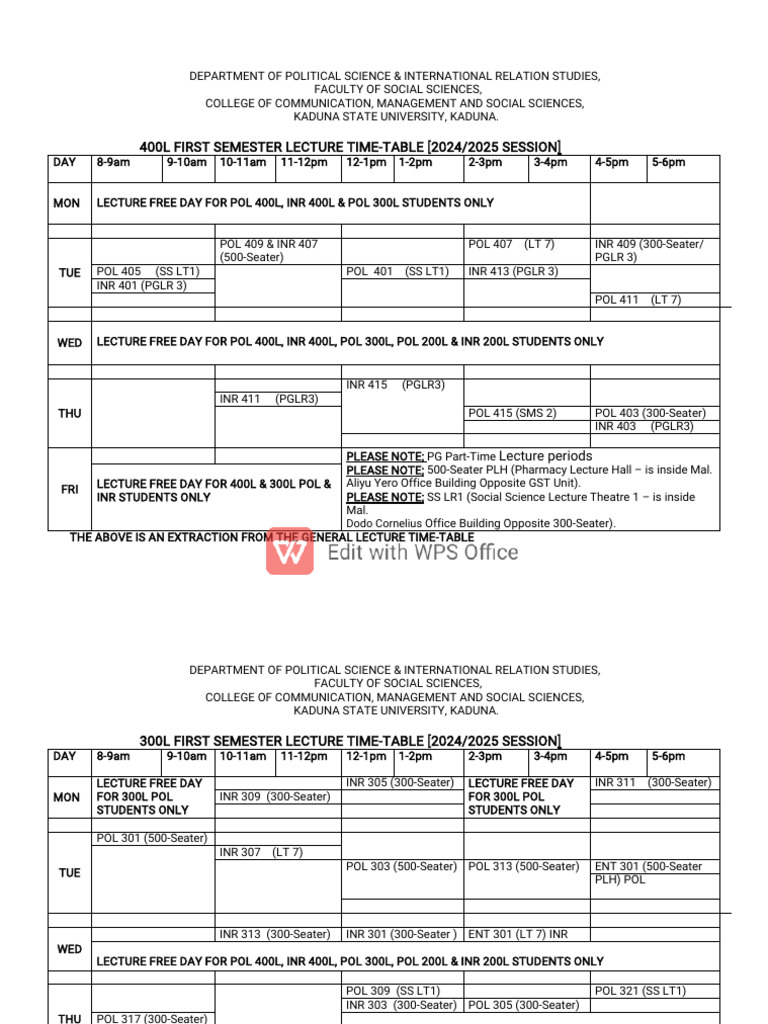 Irs & Pol First Semester Lectures Time-Table (2024-2025) 5 | PDF