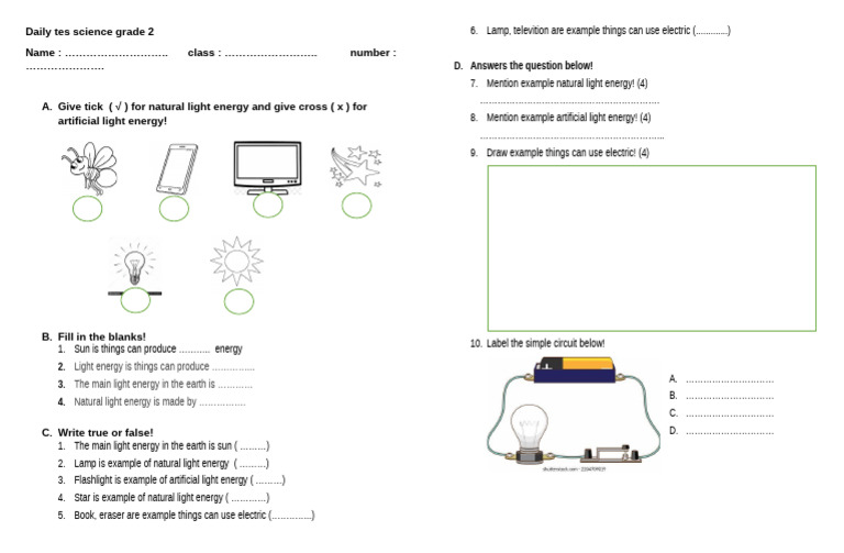 Grade 2 Science: Light Energy Quiz | PDF
