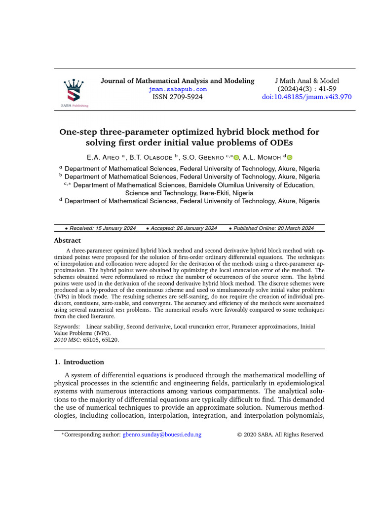 One-Step Three-Parameter Optimized Hybrid Block Me | PDF | Equations | Numerical Analysis