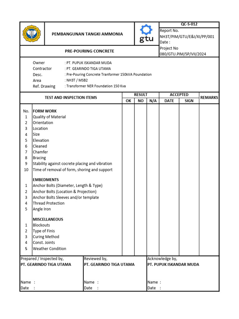 Pre-Pour Inspection for Transformer Foundation | PDF