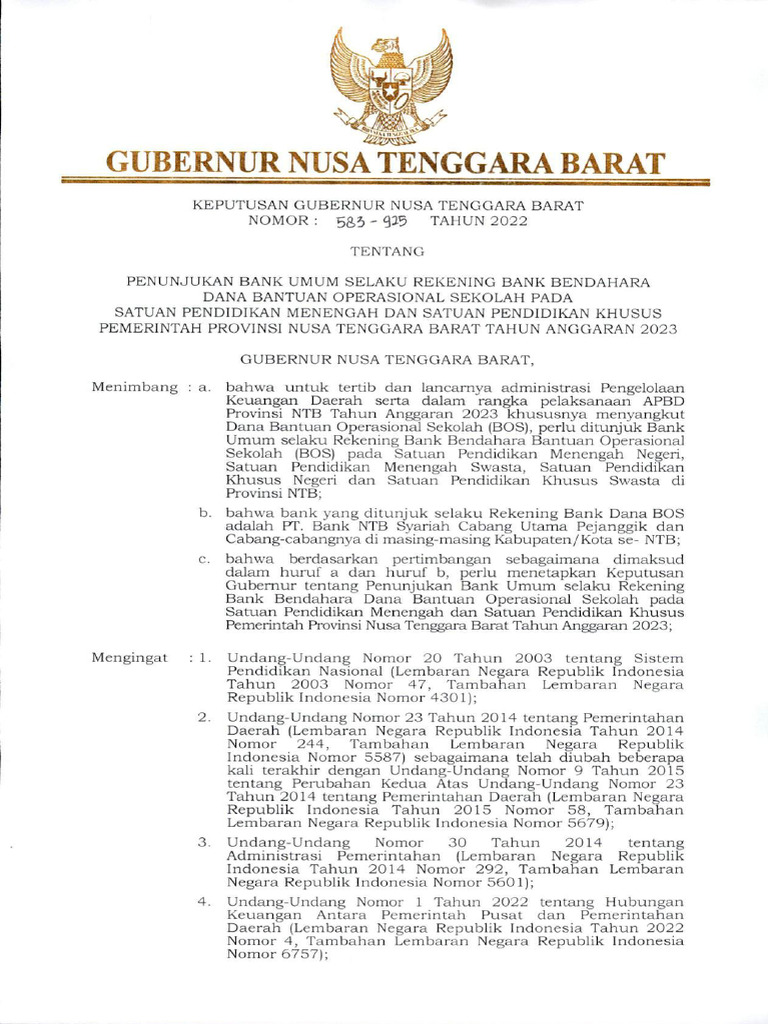 Penunjukan Bank Umum Selaku Rekening Bank Bendahara Dana BOS Pada Satuan Pendidikan Menengah Dan ...