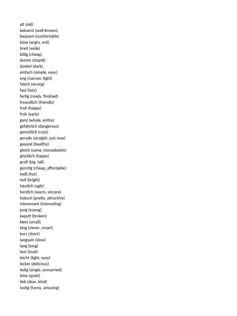 A1 German Adjectives Vocabulary List | PDF