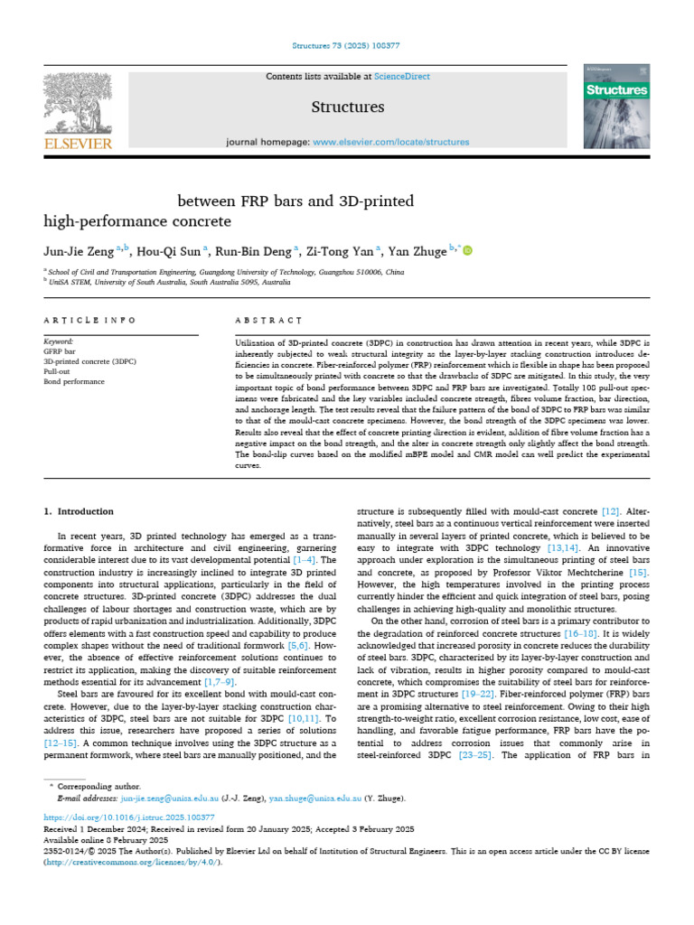 Bond Performance Between Frp Bars And 3d Printed High Performance Concrete Pdf Fibre