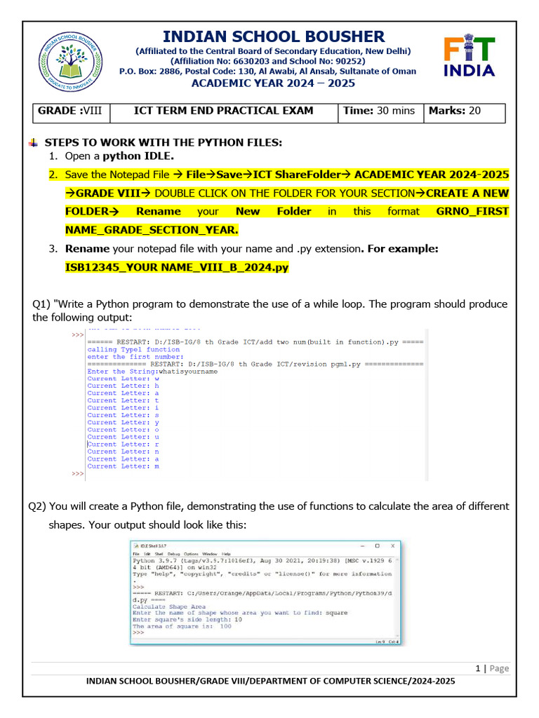 Grade VIII Python Practical Exam Guide | PDF | Parameter (Computer Programming) | Python ...