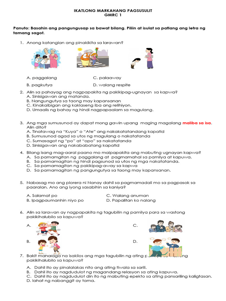 PT q3 Grade 1 Matatag GMRC 1 + Tos | PDF