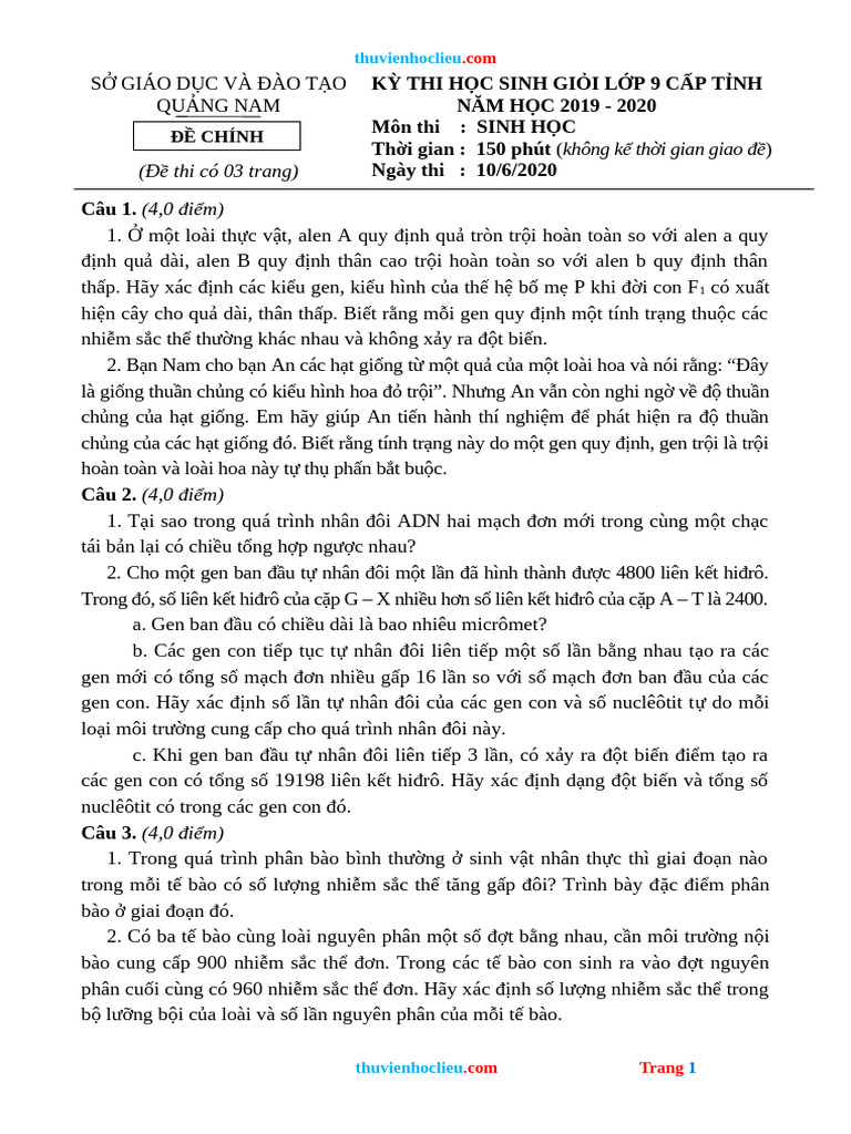 De Thi HSG Sinh 9 Quang Nam 2019 2020 | PDF