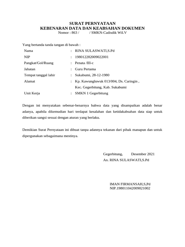 Surat Pernyataan Keabsahan data | PDF