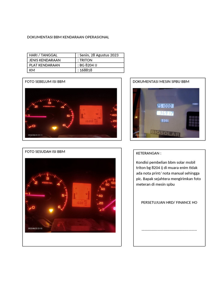 Form Dokumentasi BBM Kendaraan Operasional | PDF