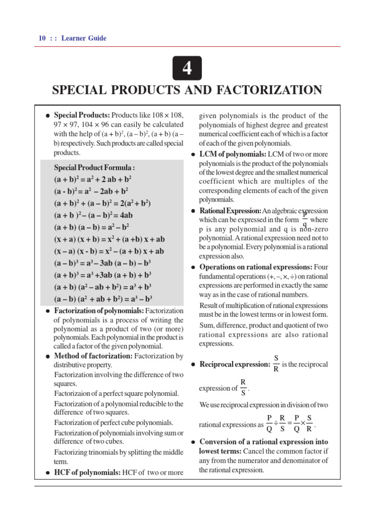 l-4 Special Products and Factorization | PDF | Factorization | Polynomial
