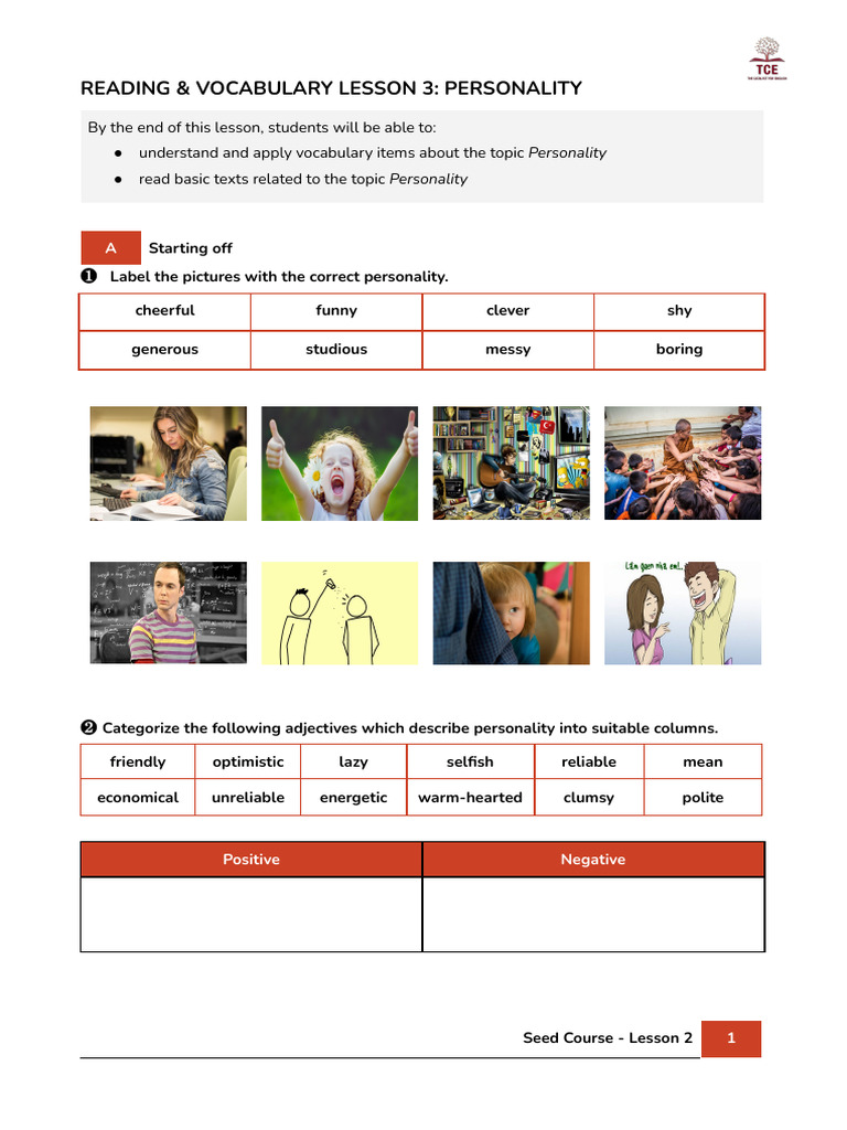 Personality Vocabulary Lesson | PDF