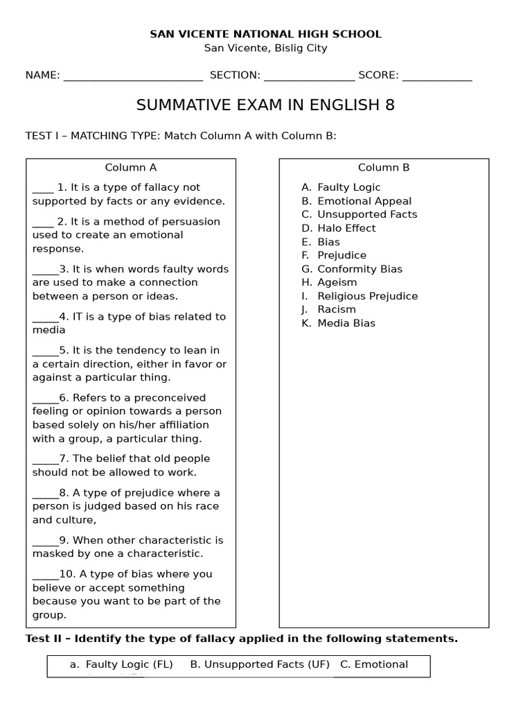 English 8 Summative Exam on Fallacies | PDF | Bias | Prejudices