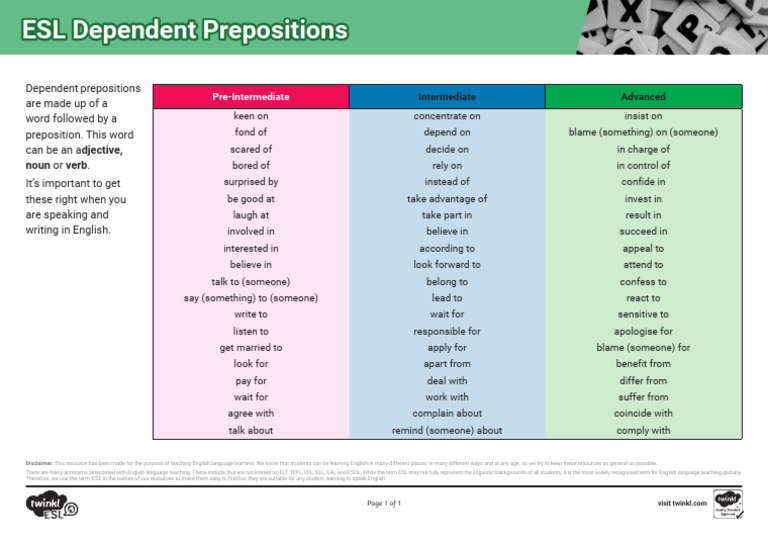 L1 Word Mat Dependent Prepositions | PDF | English As A Second Or Foreign Language | Linguistic ...