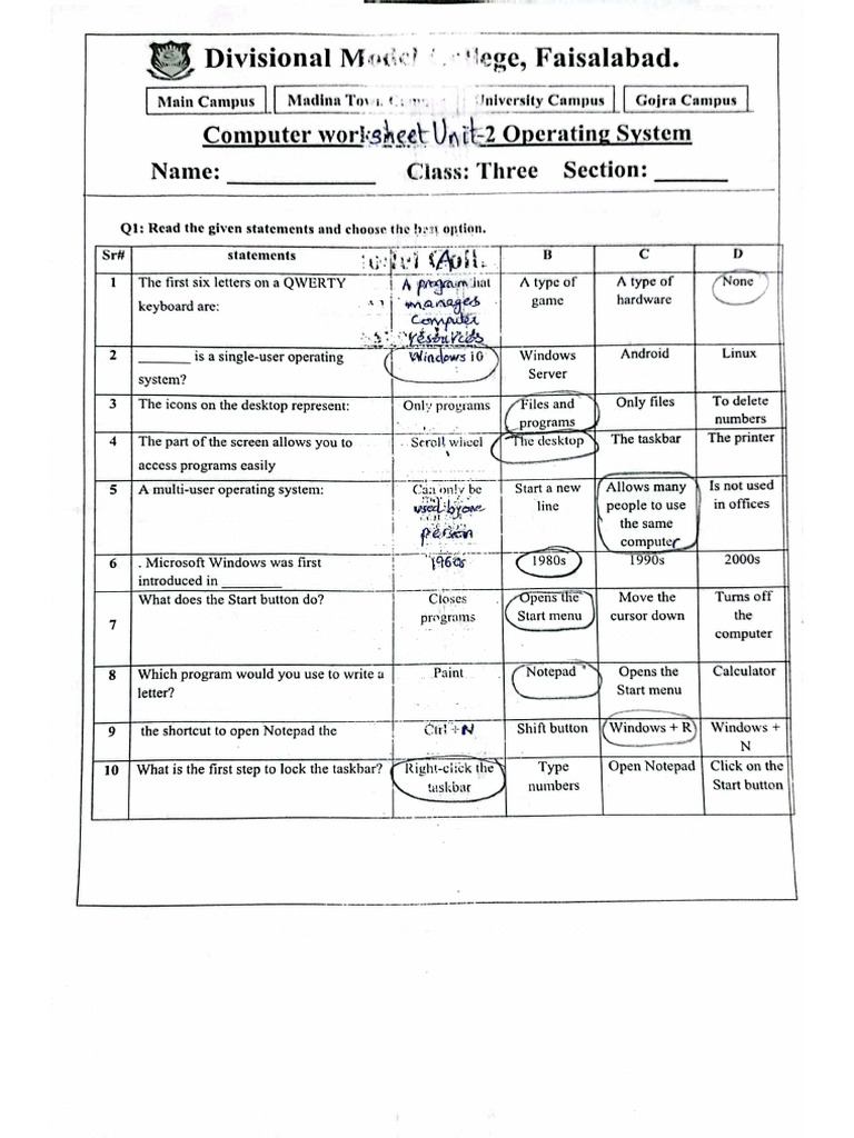 Class 3 Operating System - Solved Worksheet | PDF