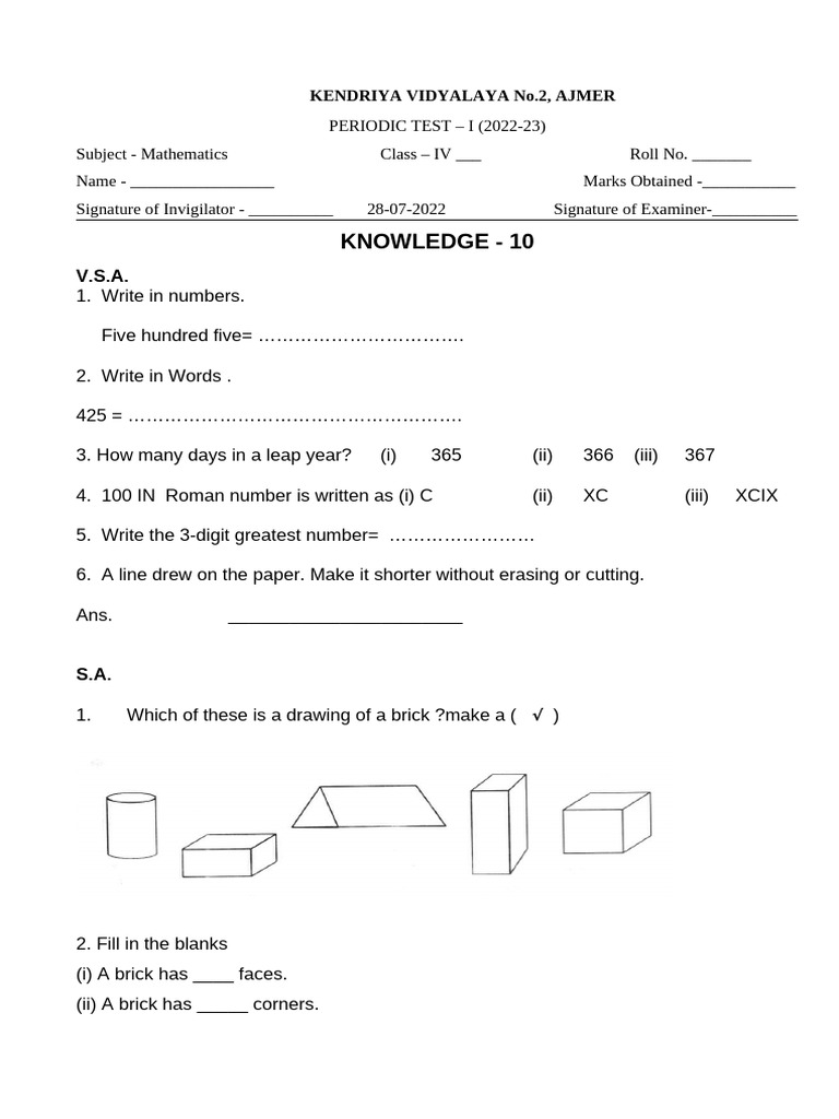 Class-IV (Math) PT-I (2022-23) | PDF