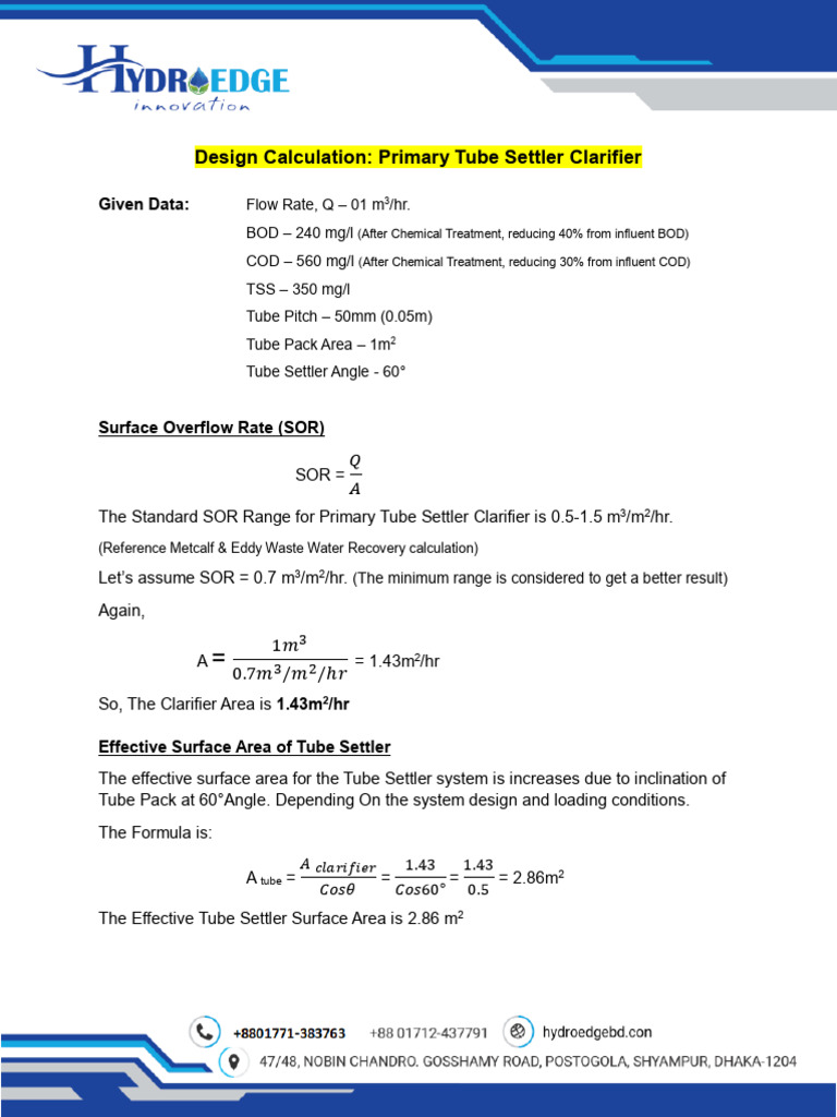 Design Calculation - Primary Tube Settler Tank | PDF | Reynolds Number ...