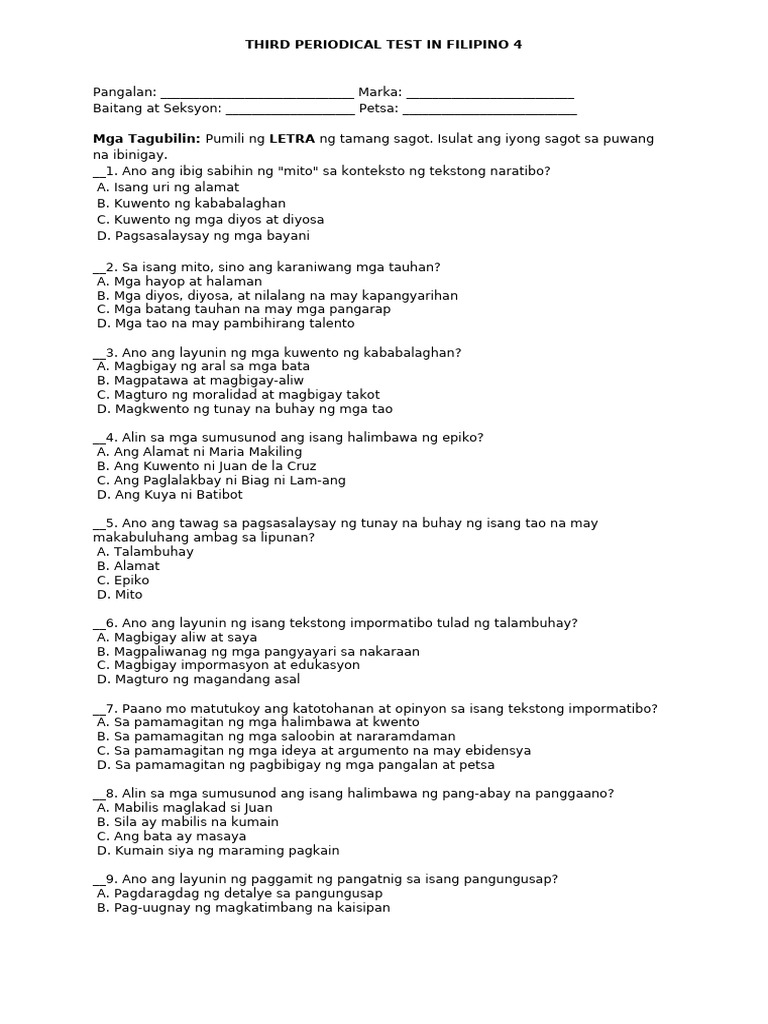 Summative Test in Filipino 4 Q3 | PDF