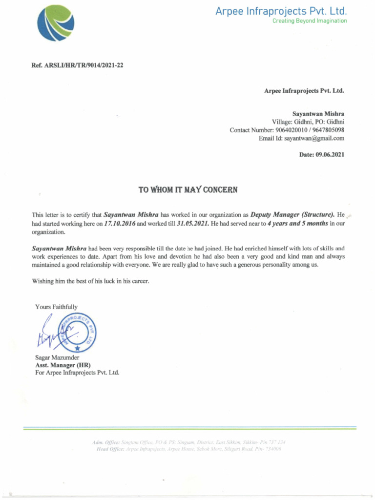 Experience - Certificate Arpee Infra Project - Sayantwan - Mishra | PDF