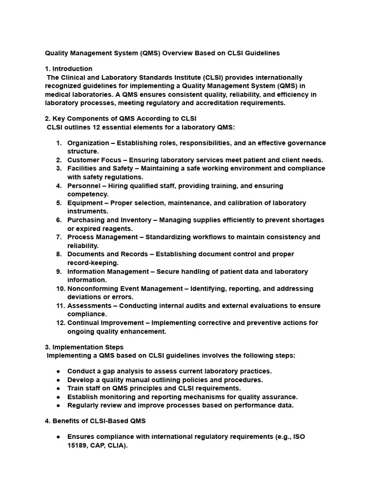 Quality Management System (QMS) Overview Based On CLSI Guidelines | PDF | Quality Management ...