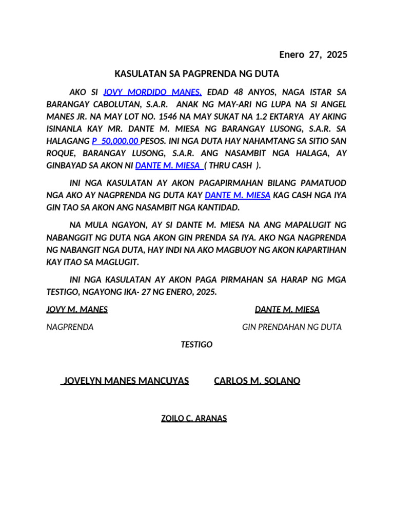 Kasulatan Sa Pagbaligya Duta - Kay Jerson Solano | PDF