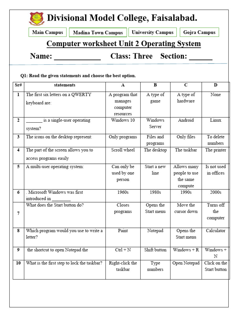 Computer Unit 2 Ckass 3 Operating System F | PDF | Operating System ...