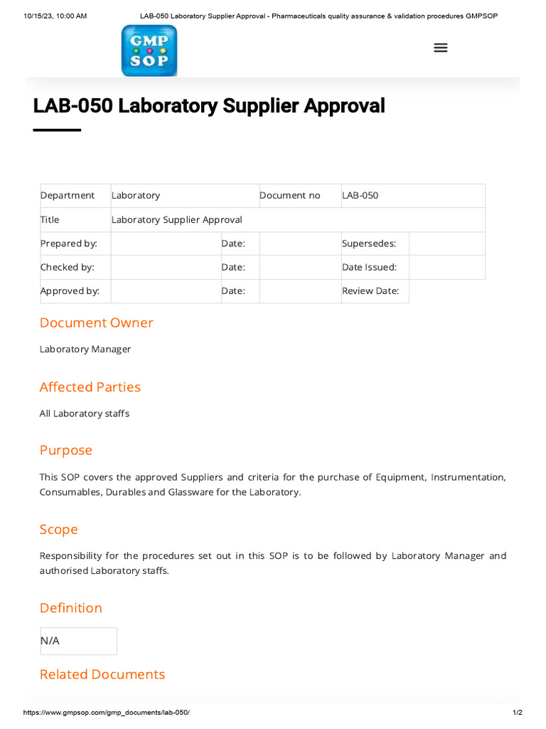LAB-050 Laboratory Supplier Approval - Pharmaceuticals Quality ...