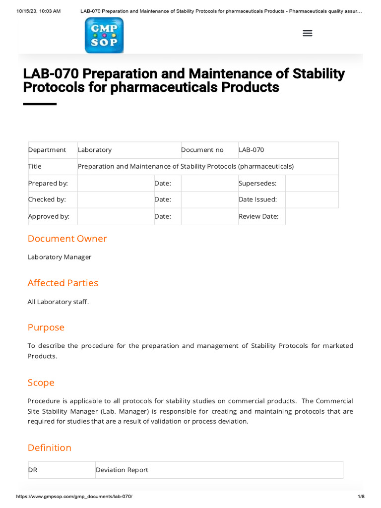 LAB-070 Preparation and Maintenance of Stability Protocols For Pharmaceuticals Products | PDF ...