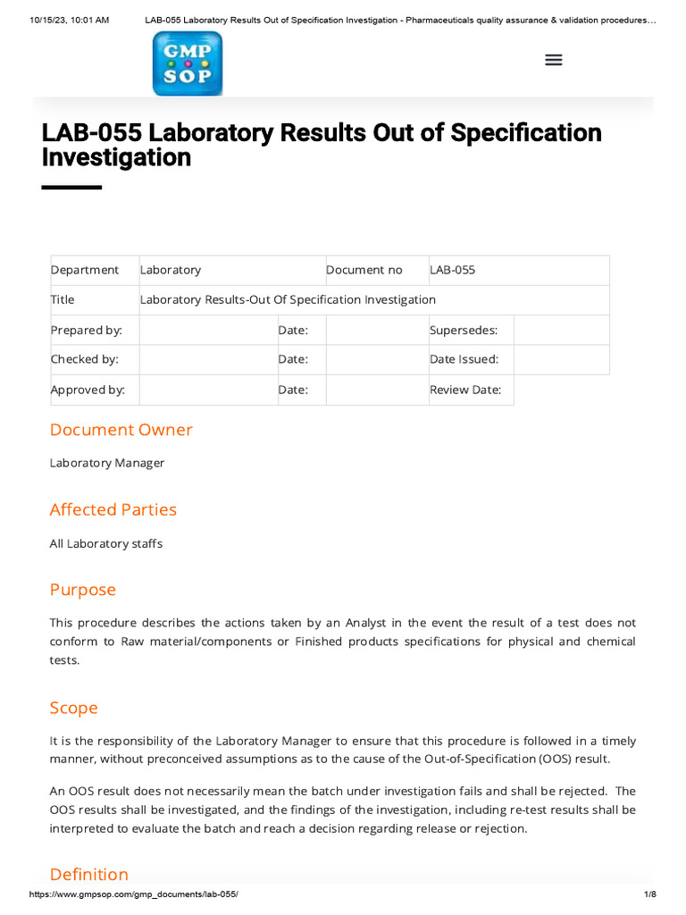 LAB-055 Laboratory Results Out of Specification Investigation ...