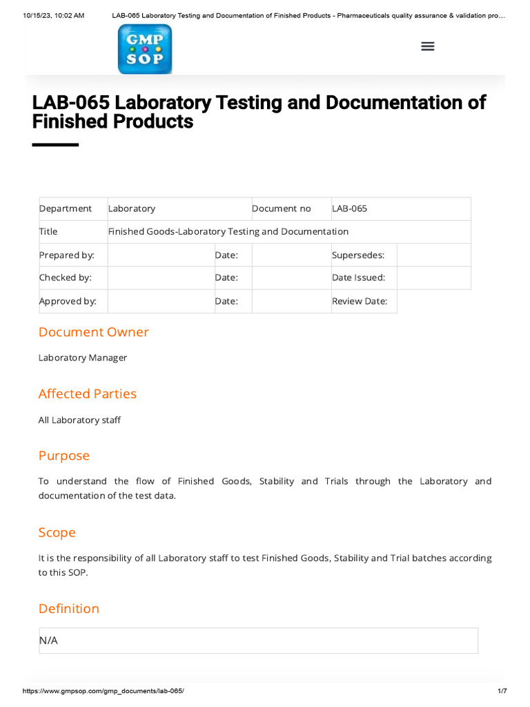Finished Goods Testing Documentation | PDF | Laboratories | Assay