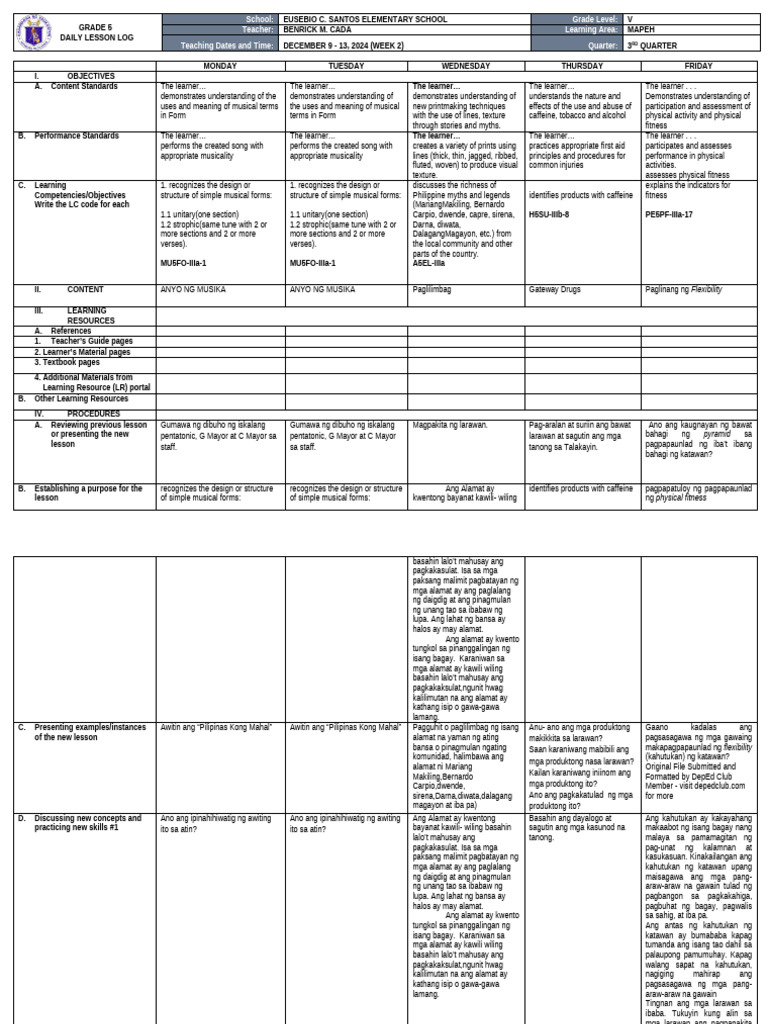 DLL - Mapeh 5 - Q3 - W2 | PDF