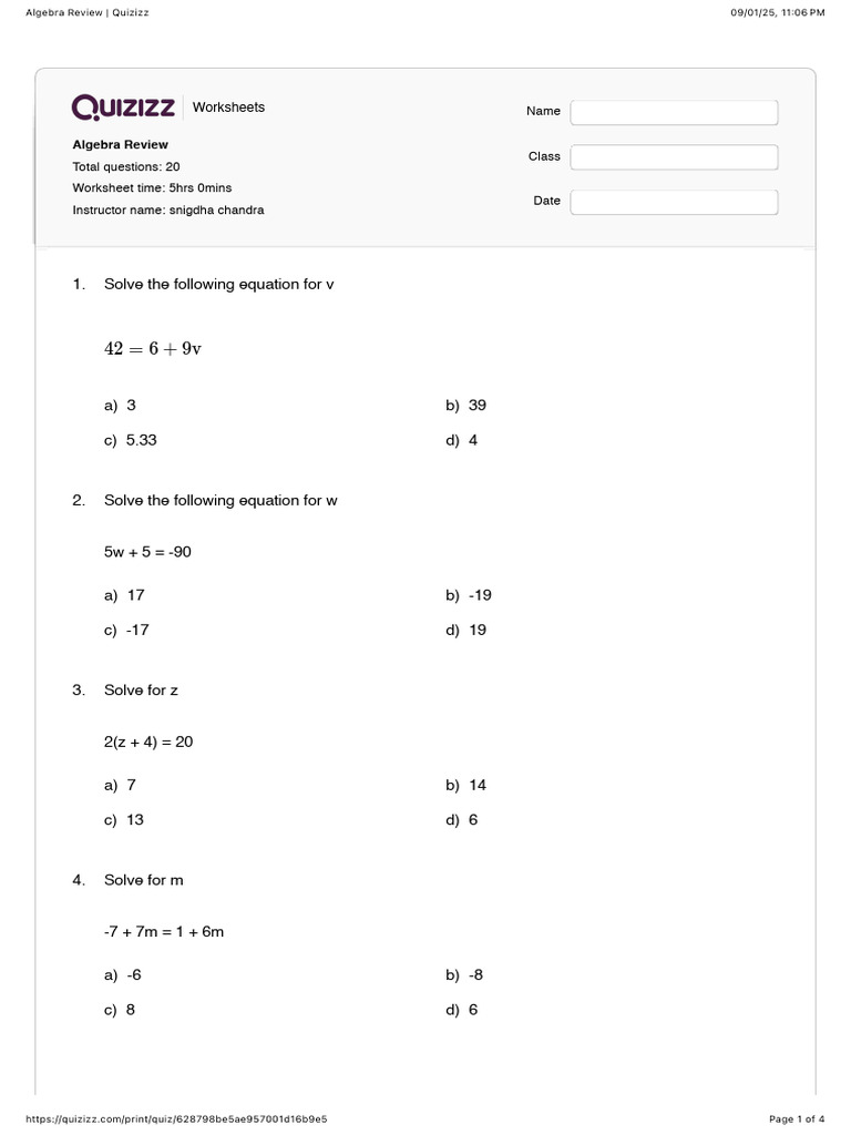 Algebra Review - Quizizz | PDF | Algebra | Equations
