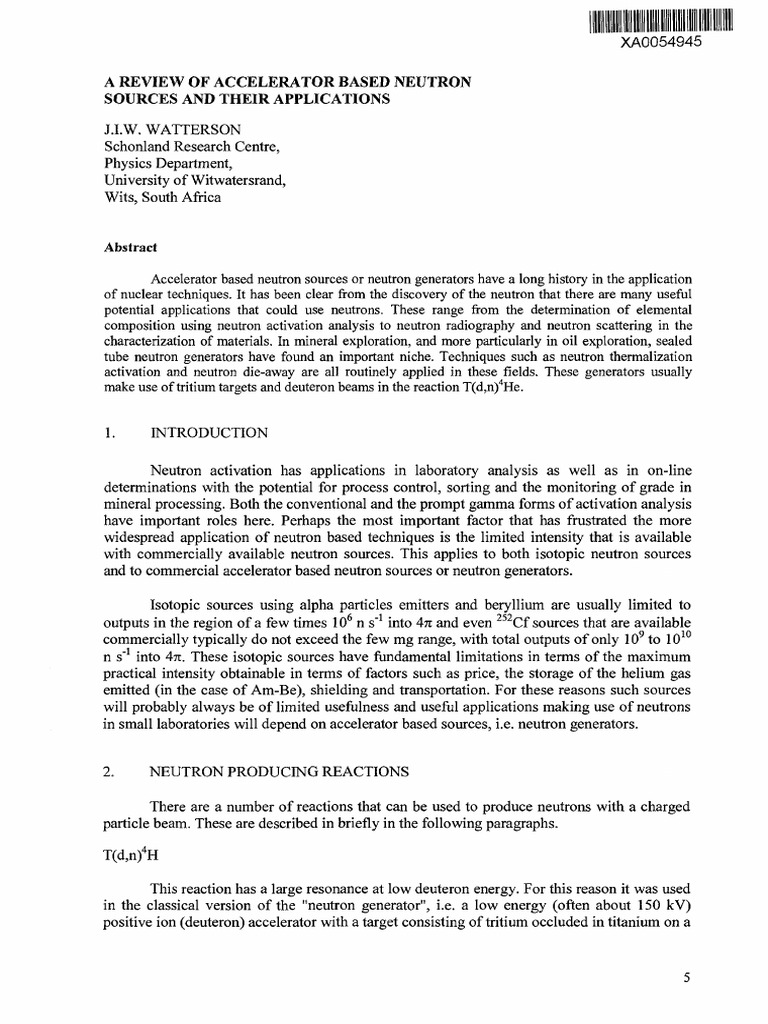 A Review of Accelerator Based Neutron Sources and Their Applications - Watterson | PDF | Neutron ...