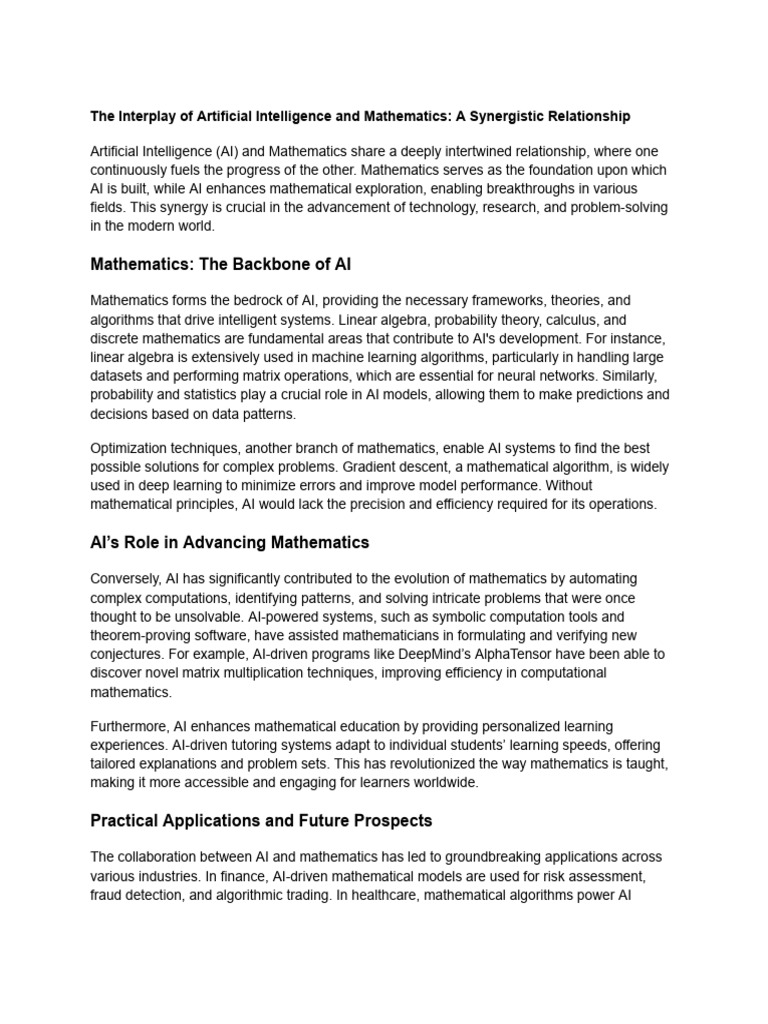 The Interplay of Artificial Intelligence and Mathematics - A Synergistic Relationship | PDF ...