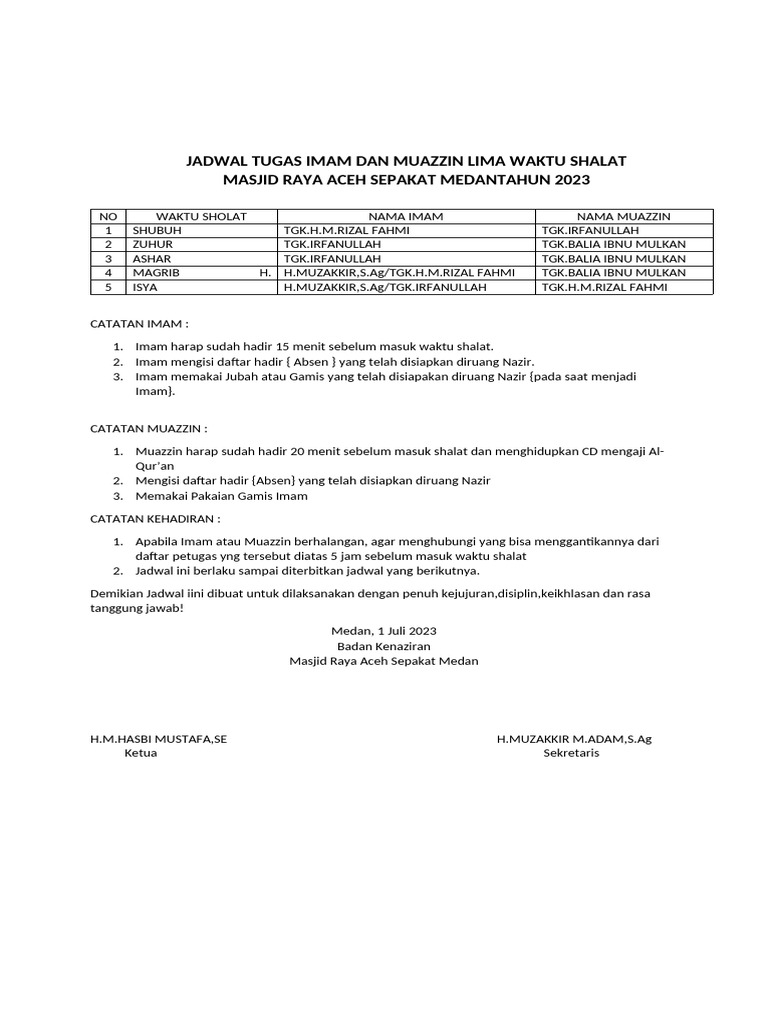 Jadwal Tugas Imam Dan Muazzin Lima Waktu Shalat | PDF